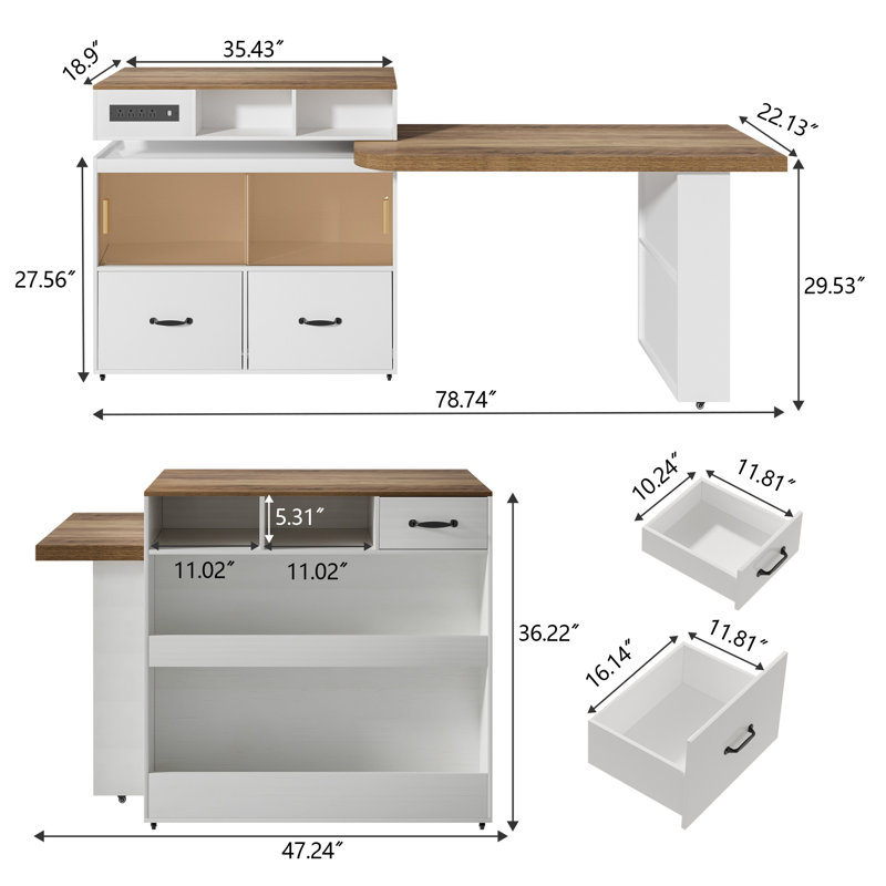 Ebern Designs Movable Kitchen Island With Retractable Tabletop ...