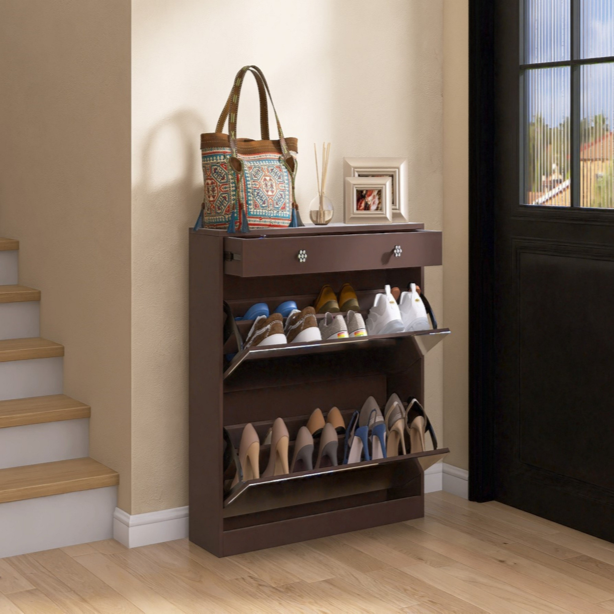 Latitude Run® Mirror Shoe Cabinet With 2 Tier Drawers, Mirror Shoe Rack ...