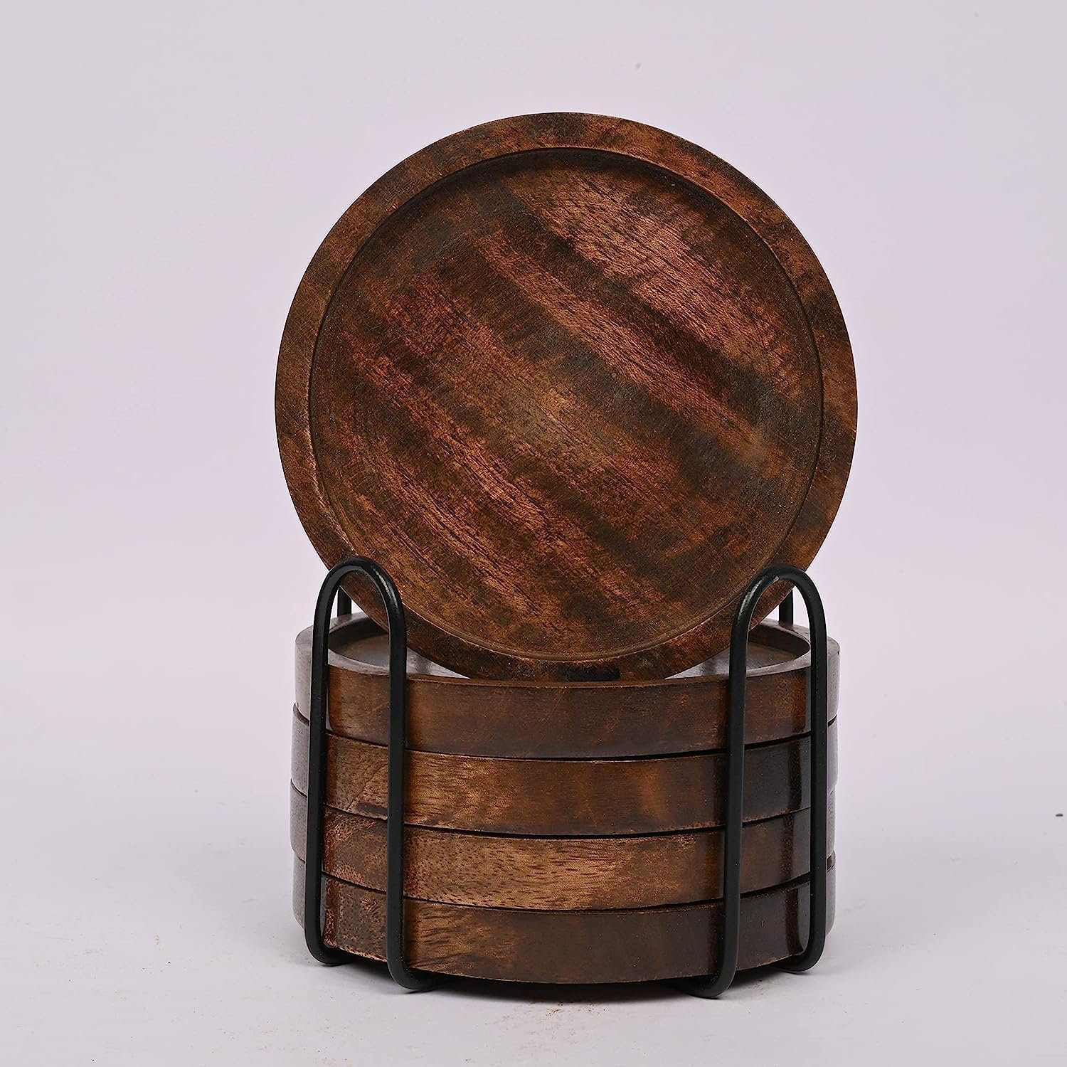 August Grove® Mango Wood Coasters With Iron Stands, 5-Piece Set ...