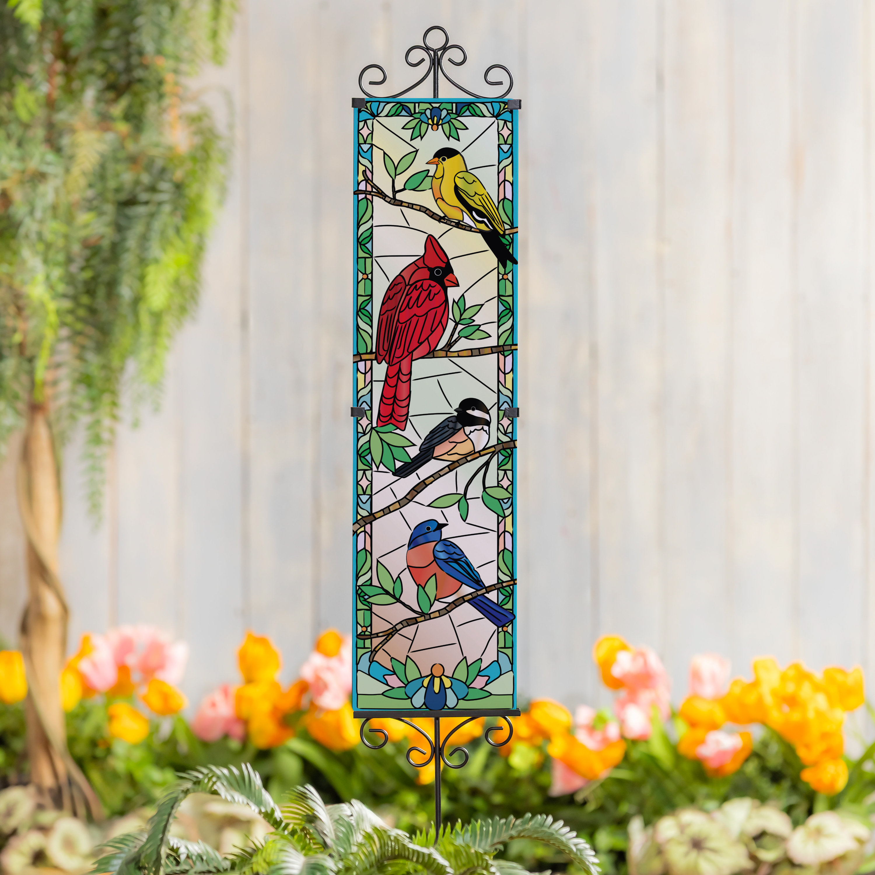 August Grove® Stained Glass Songbirds PVC Vertical Yard Sign, 8in x ...