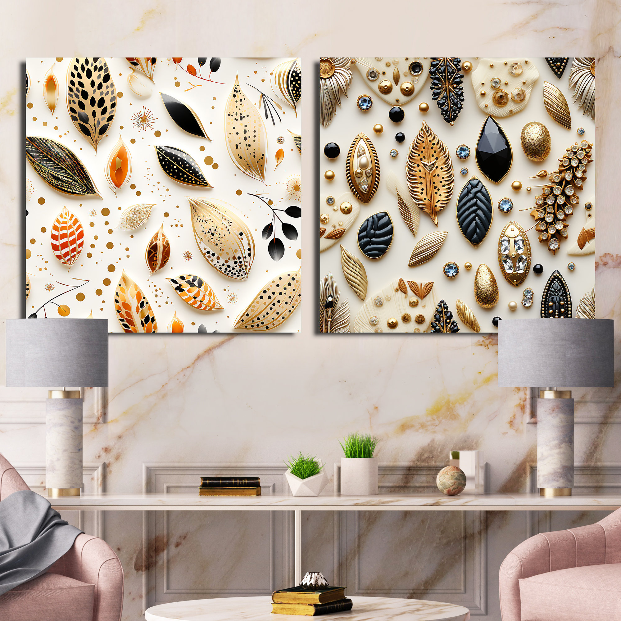 Design Art Boho Chic Botanical Stone - Abstract Botanicals Square Collage Set Of 2 | Wayfair