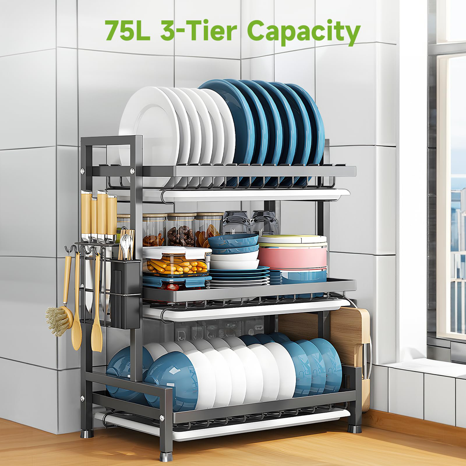 EDGAR'S FURNITURE MANUFACTURING INC Large Capacity Dish Drying Rack, 3 ...