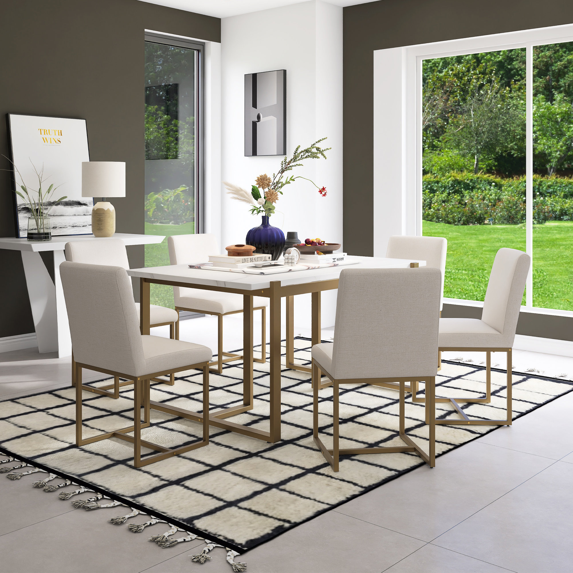 Everly Quinn 7-piece Modern Dining Table Set For 6 Faux Marble Kitchen ...