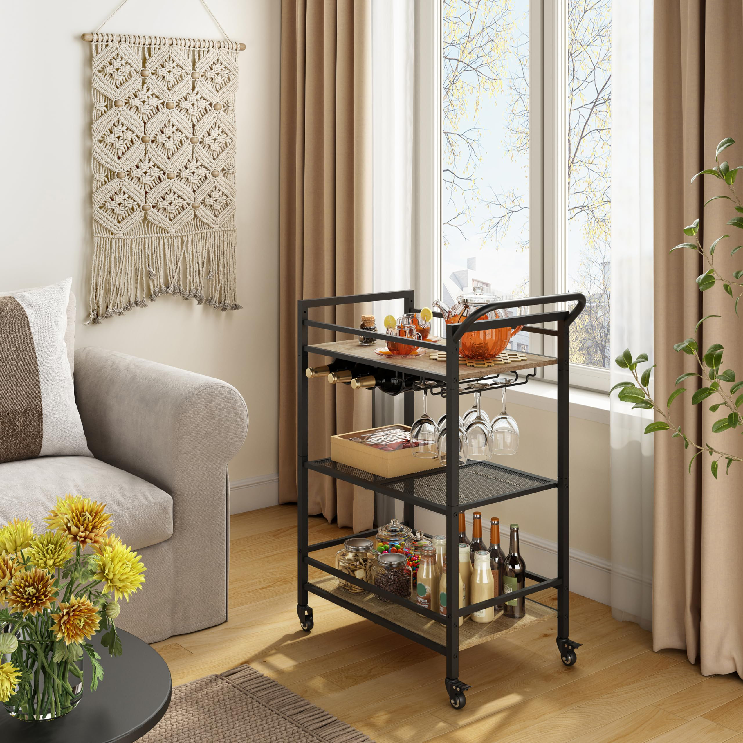 17 Stories 3 Tier Mobile Bar Serving Cart, Beverage Cart With Wine Rack ...