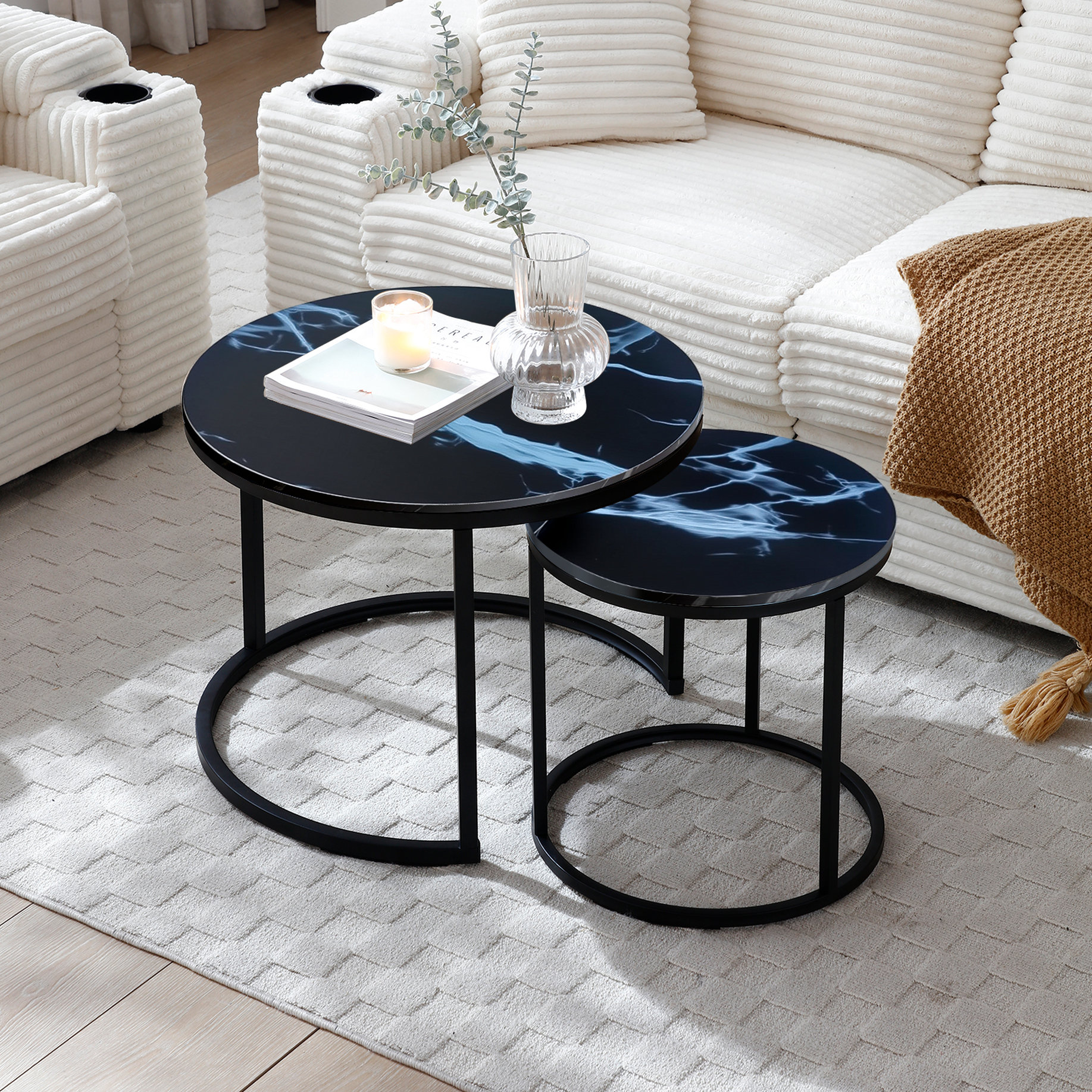 Latitude Run® Round Coffee Tables In A Of 2, Black Frame And Marble ...
