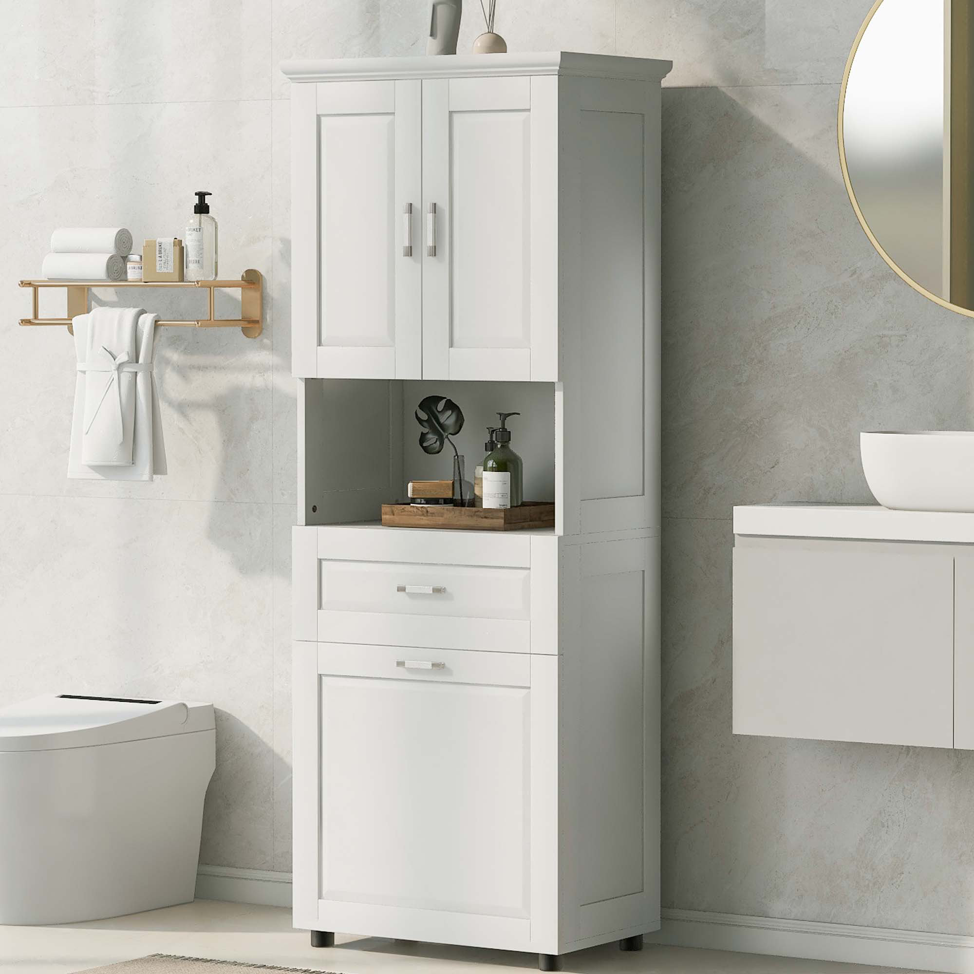 Hokku Designs Tall Bathroom Cabinet With Laundry Basket, Large Storage ...