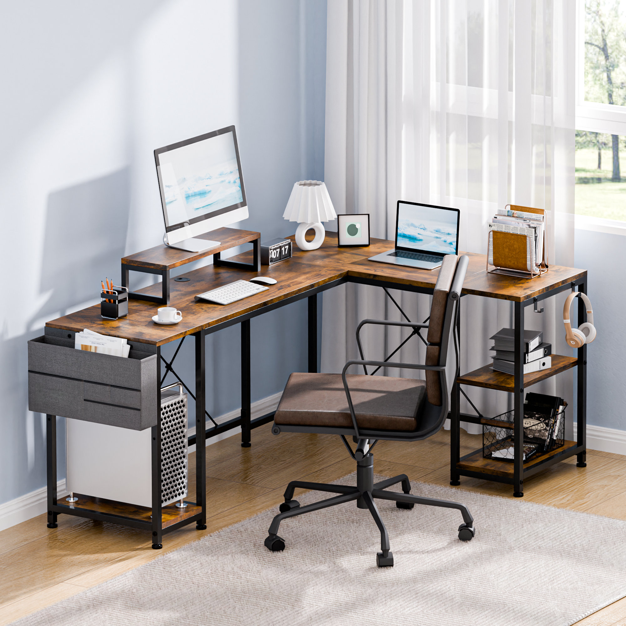 Latitude Run® 95" L-Shaped Desk with Shelves,Corner Computer Desk or 2 ...