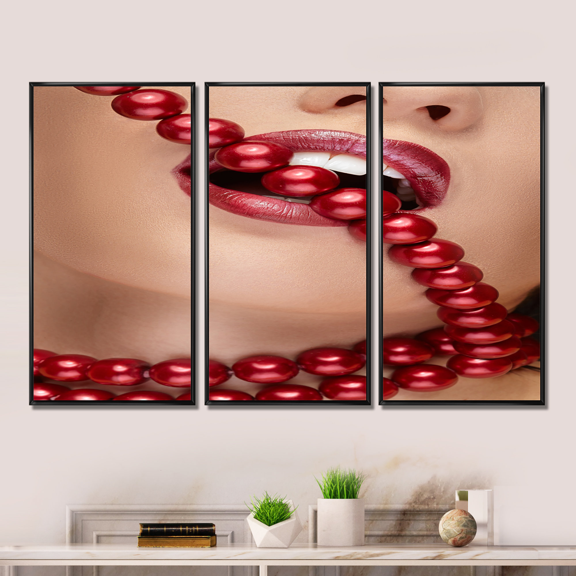 Everly Quinn Woman Mouth With Red Lipstick Biting Red Pearls - Modern ...