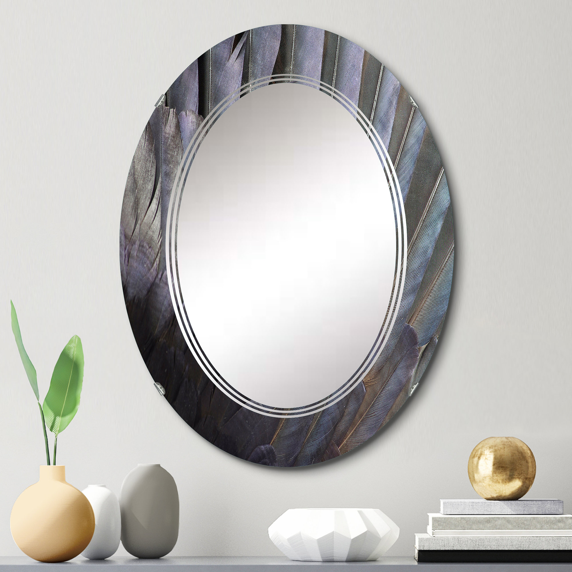 East Urban Home Black And White Feathers - Traditional Wall Mirror Oval ...