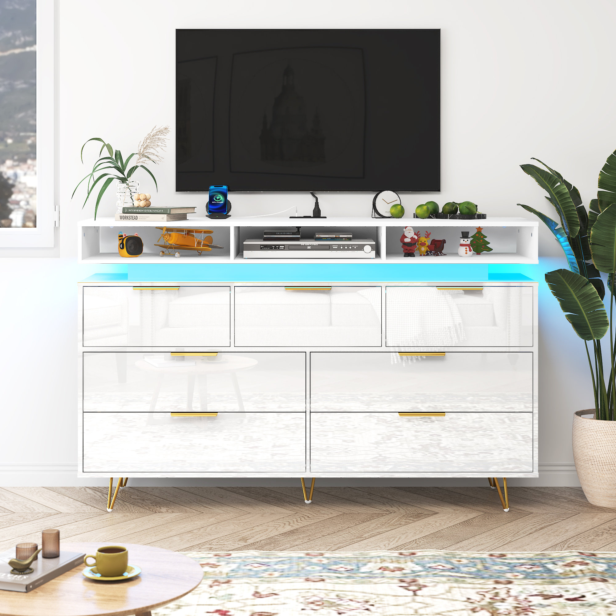 Wrought Studio™ 7 Drawer Dresser With Power Outlet And LED Light ...