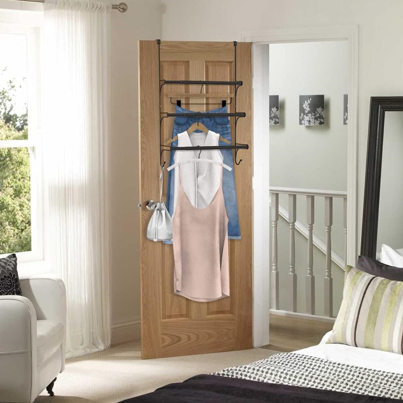 IMPIAR Adjustable Over The Door Triple Towel Rack With Hooks Black ...