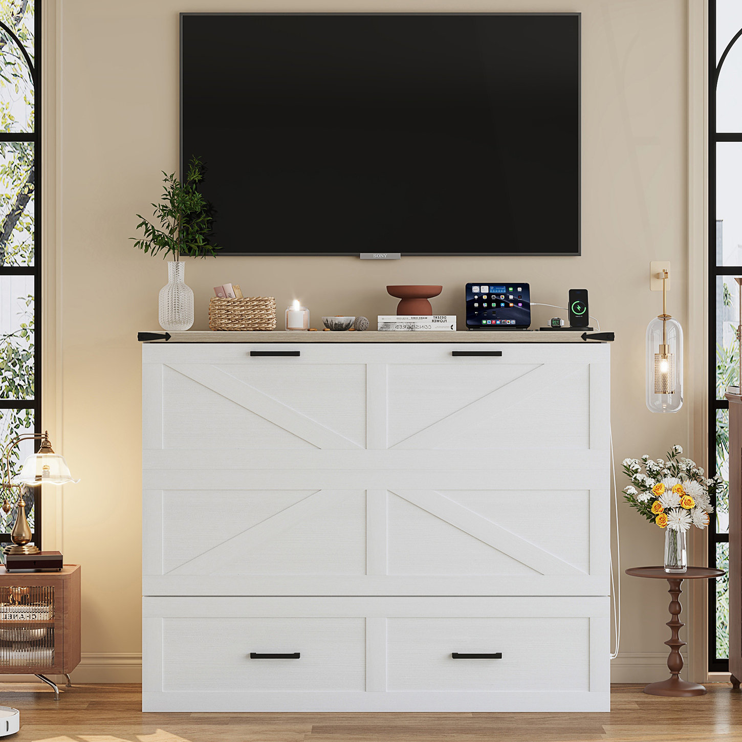 Red Barrel Studio® Farmhouse Murphy Cabinet Bed With Charging Station ...