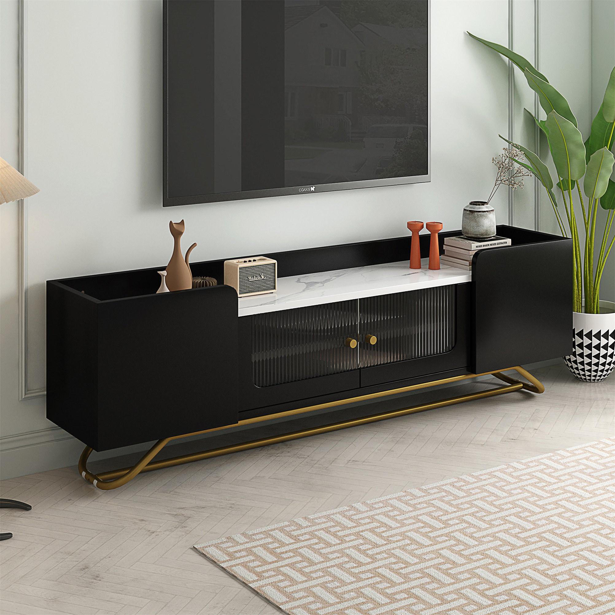 Mercer41 Sleek Design TV Stand With Fluted Glass, Contemporary ...