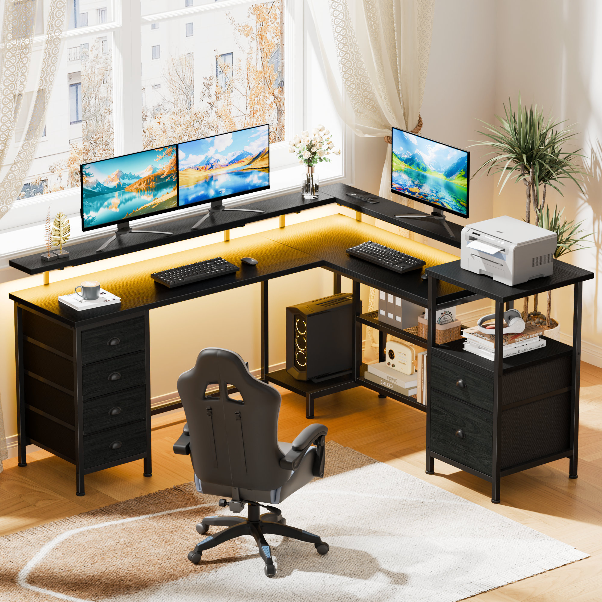 Inbox Zero 67 inch Office Desk With Power Sockets and LED Lights, 2 ...