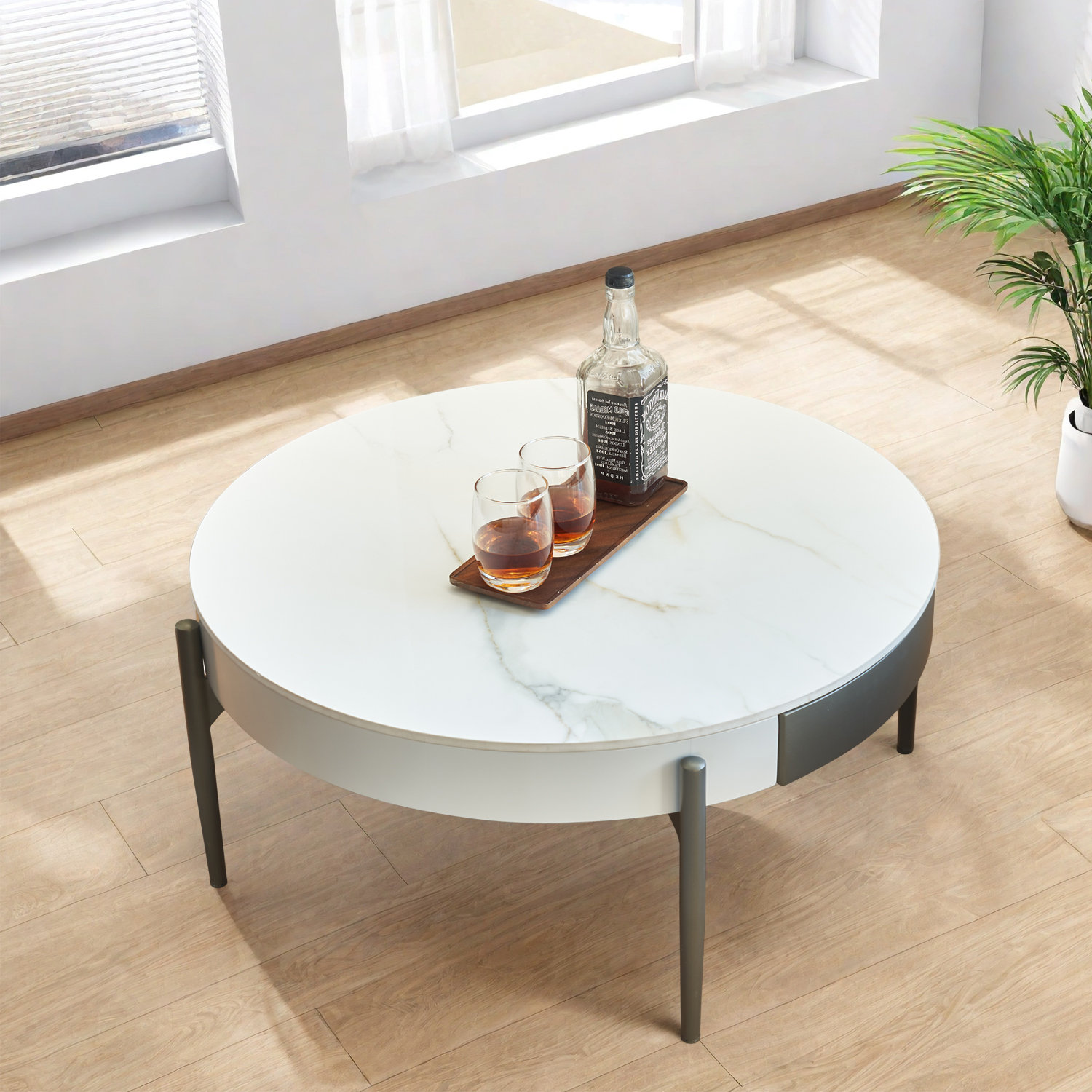 Ivy Bronx Modern Round White & Reall Wood Color Coffee Table With ...