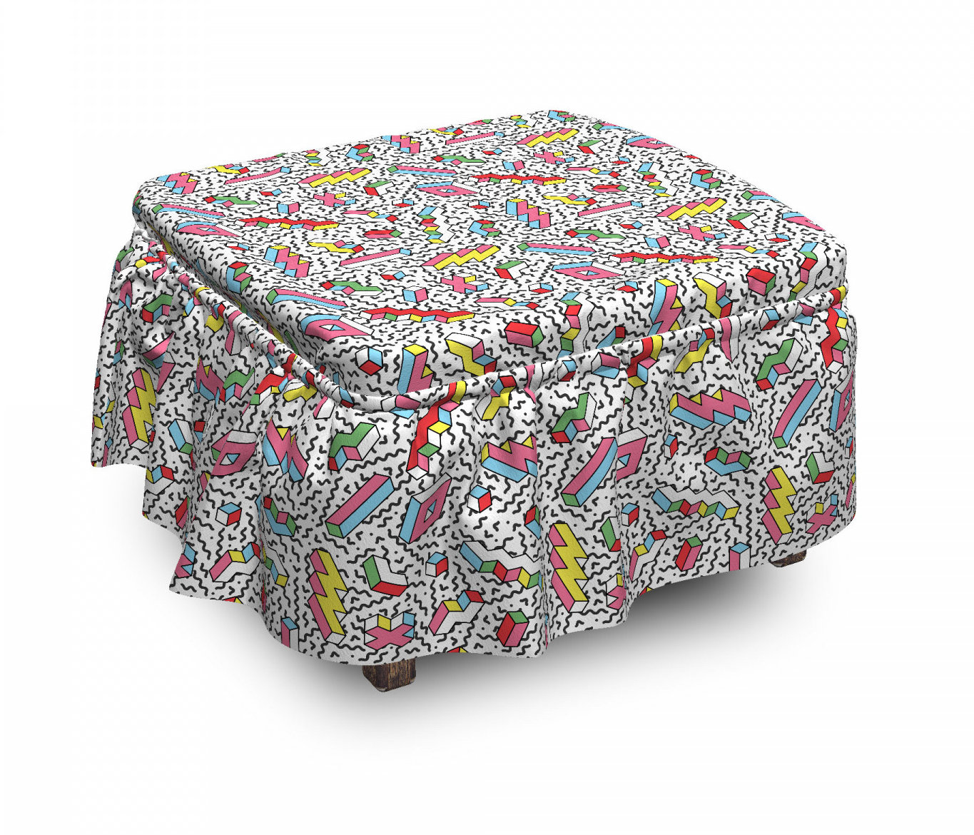 East Urban Home Funky Memphis 90S 3D Shapes 2 Piece Box Cushion Ottoman ...