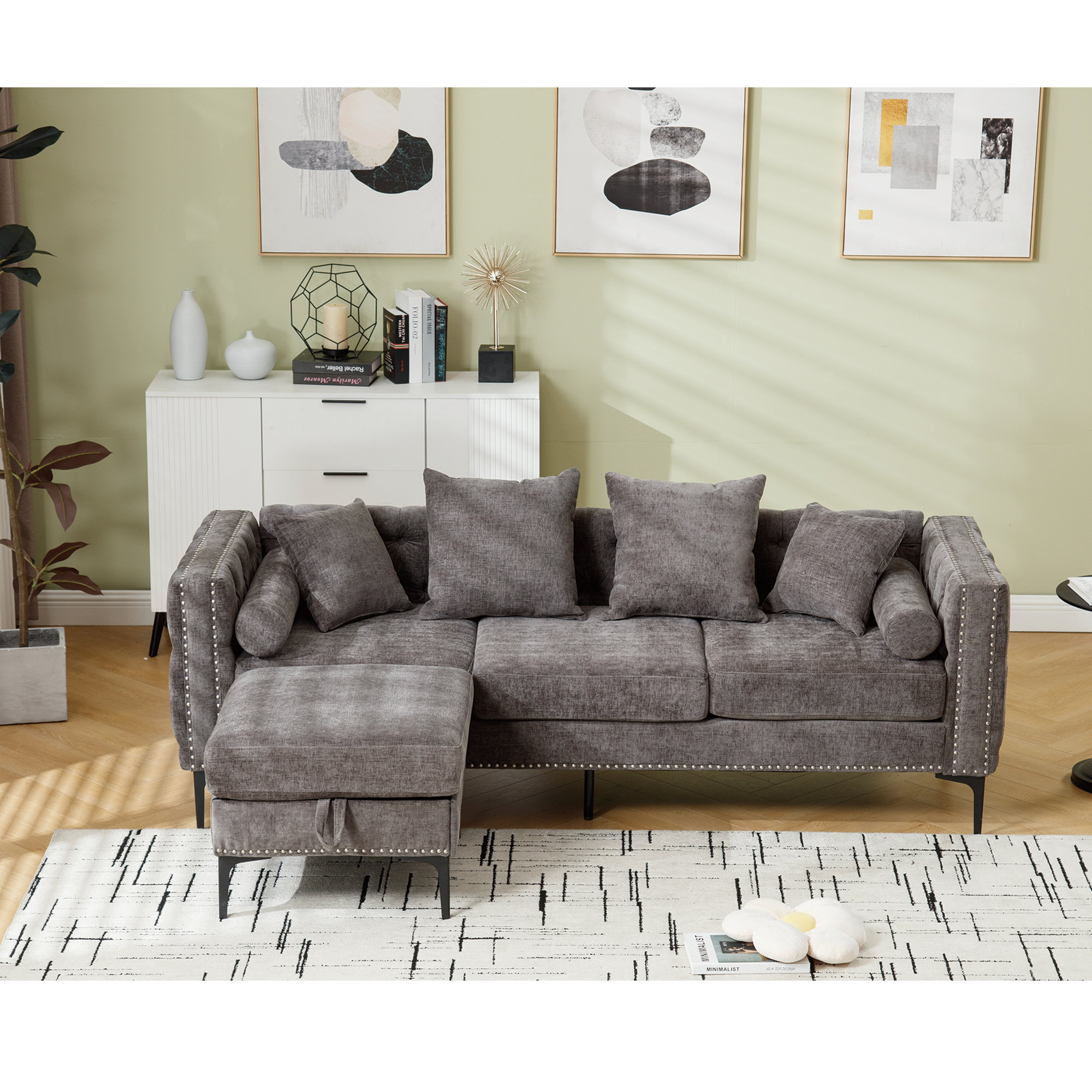 Ivy Bronx Stetson L-Shaped Chenille Sectional Sofa with Storage Ottoman ...