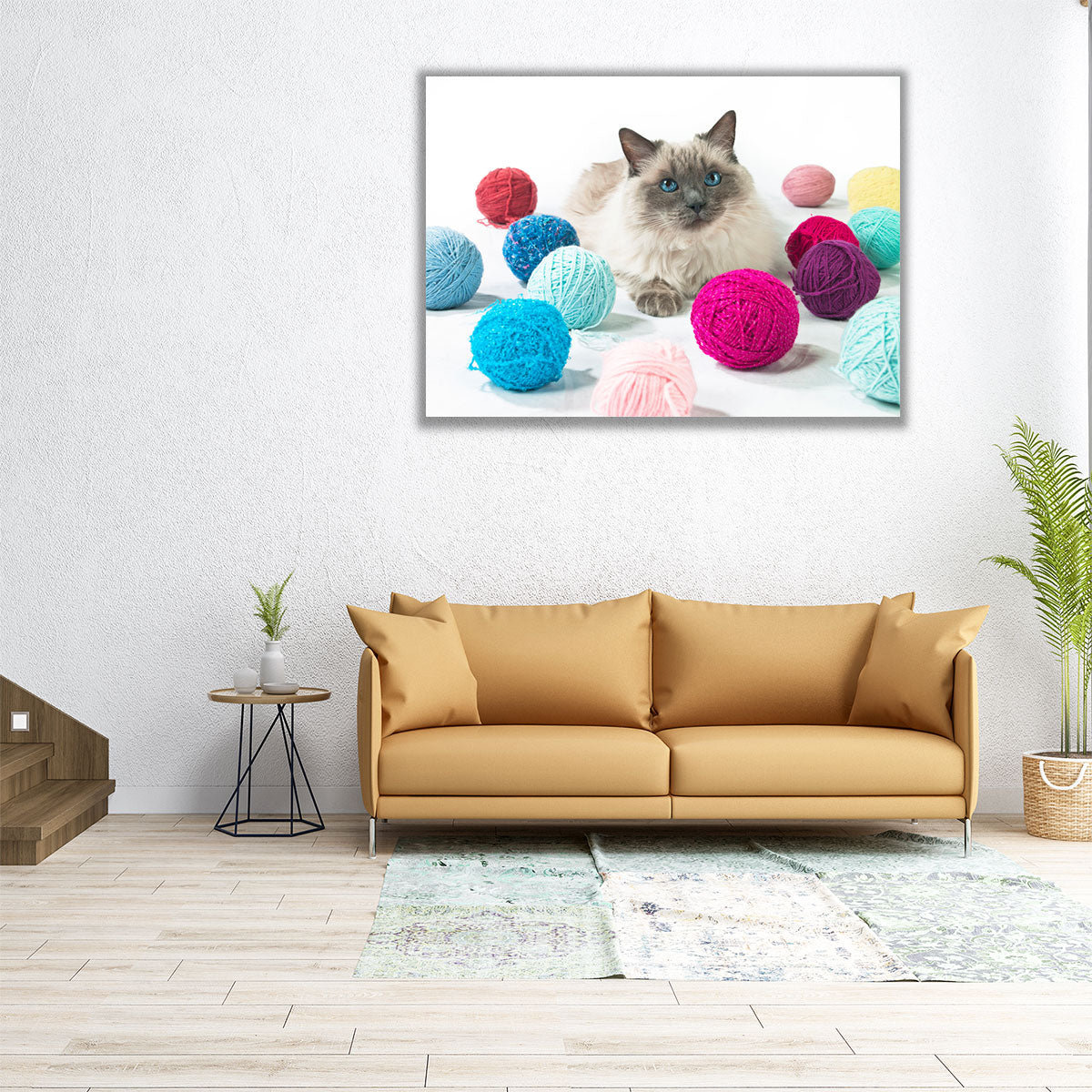 Ebern Designs Cat With Balls Of Wool - Canvas Print Wall Art | Wayfair