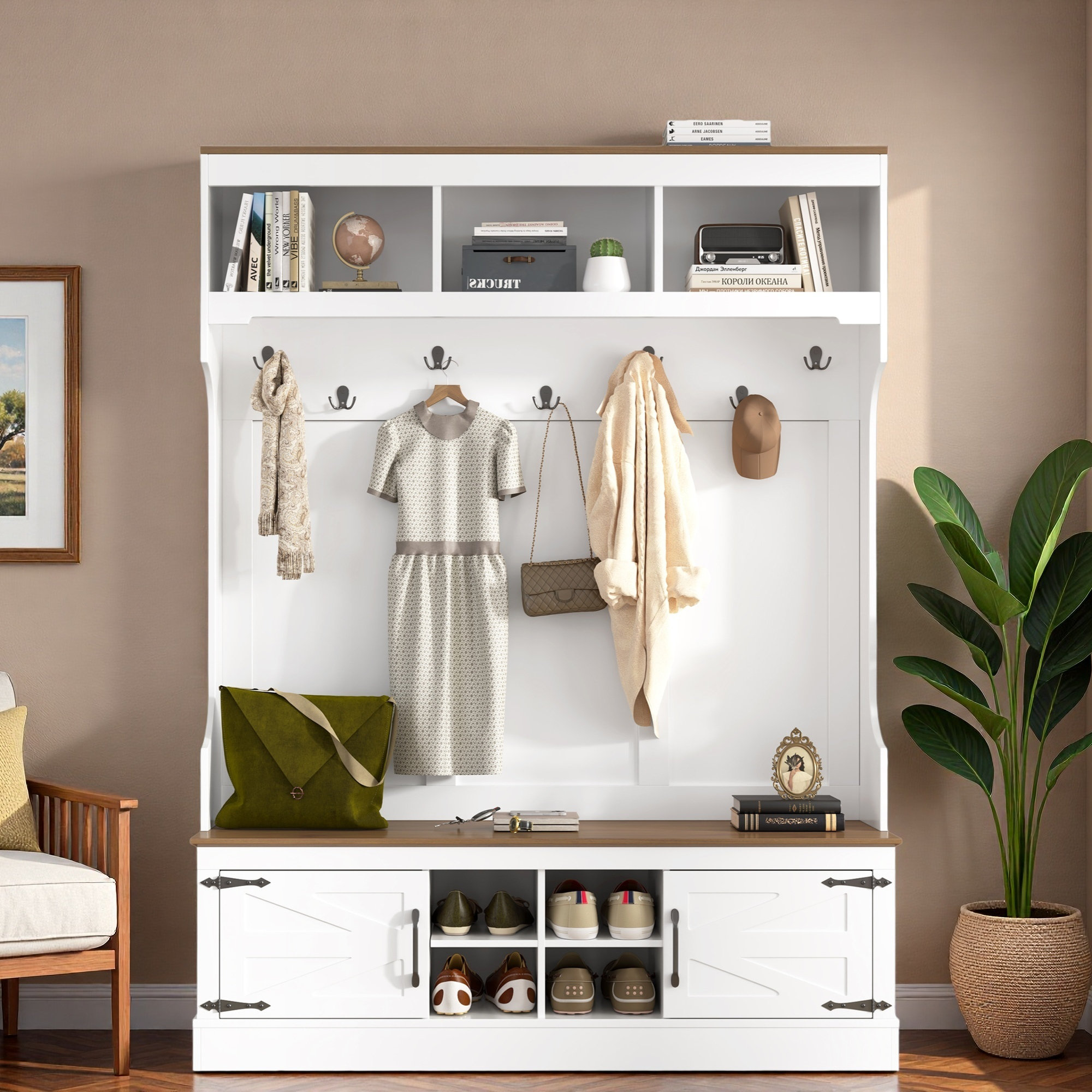 Red Barrel Studio® Farmhouse Hall Tree With Top Cubbies, Bench, Shoe ...