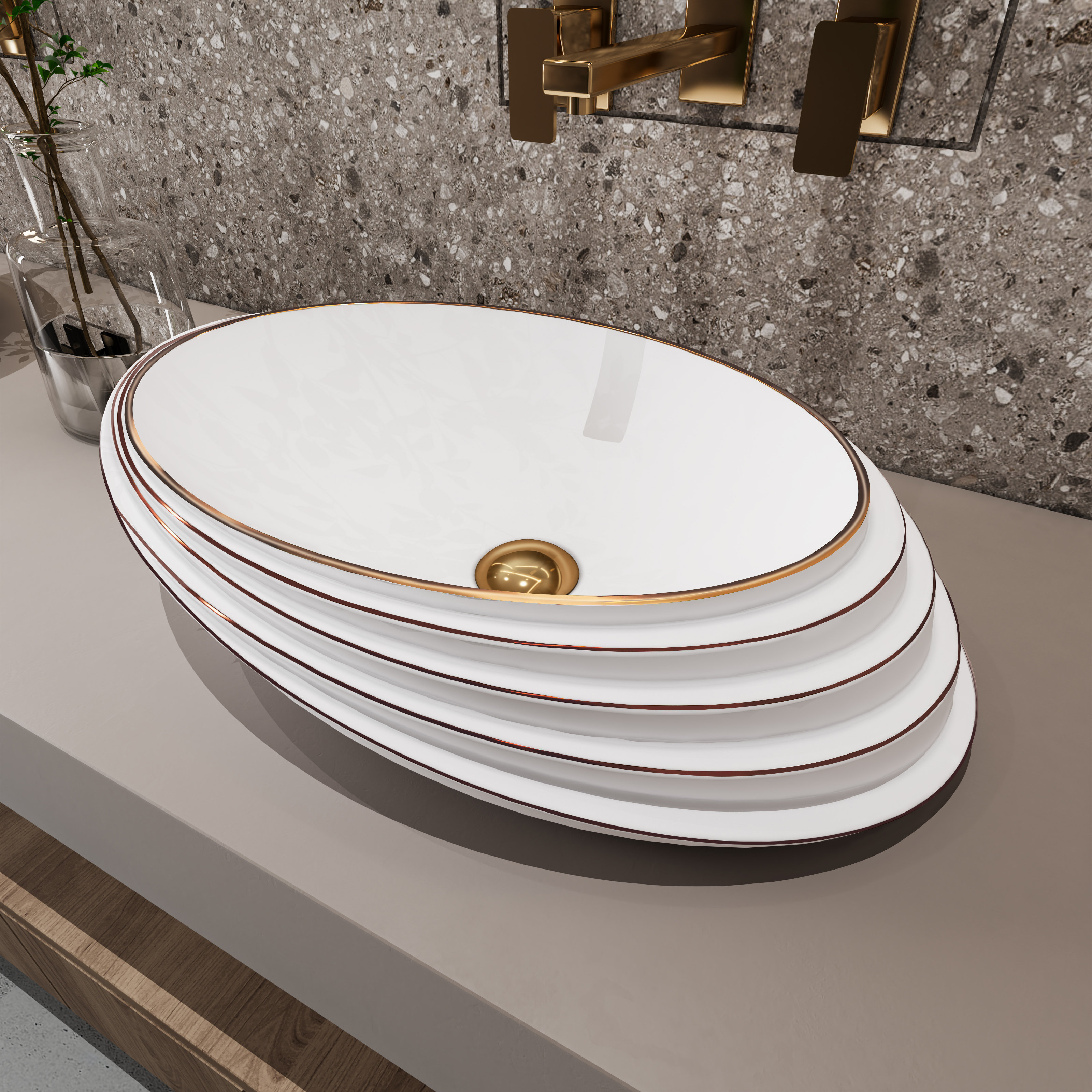 MEJE 21" Rose Gold Embossed Art Basin, Ceramic Slant Oval Bathroom Sink ...