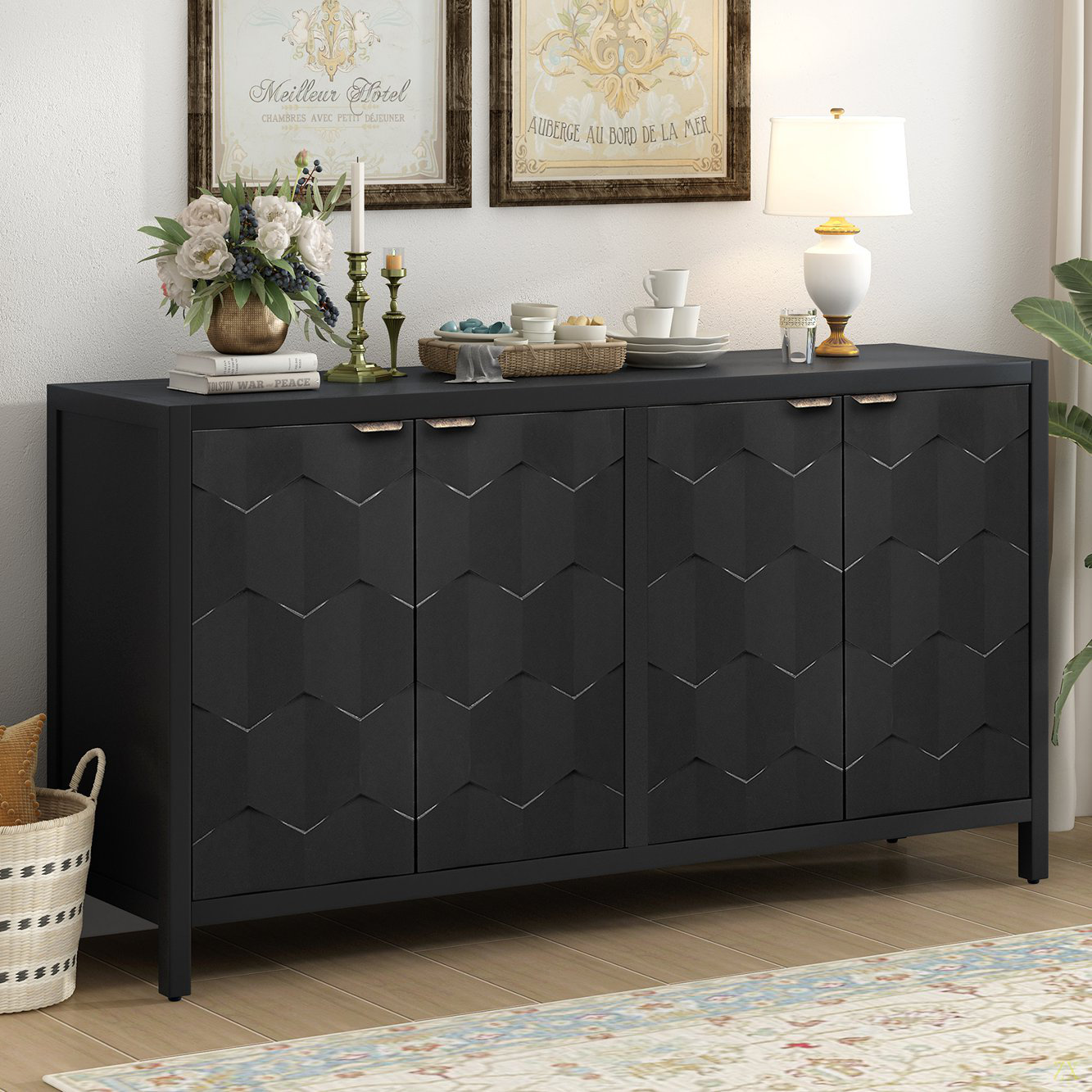 Ebern Designs Luxurious Four-Door Sideboard With Honeycomb Patterned Doors, Offering Ample ...