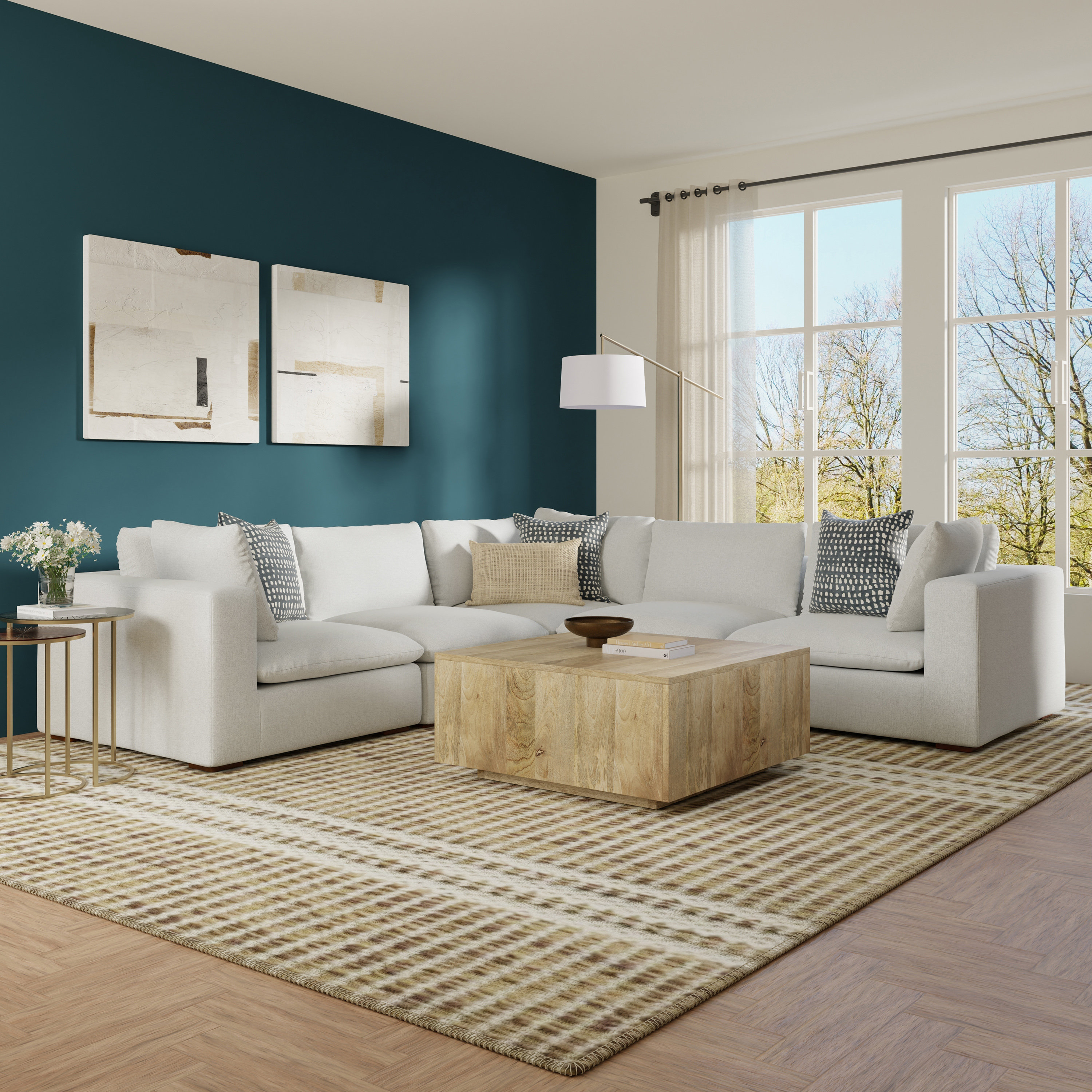 Simpli Home Jasmine Cloud Grey L-Shaped Corner Sectional Sofa, Stain ...