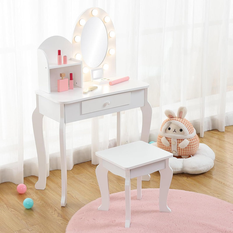 Harriet Bee Kids' Vanity Table with Lighted Mirror & Stool, Wooden ...