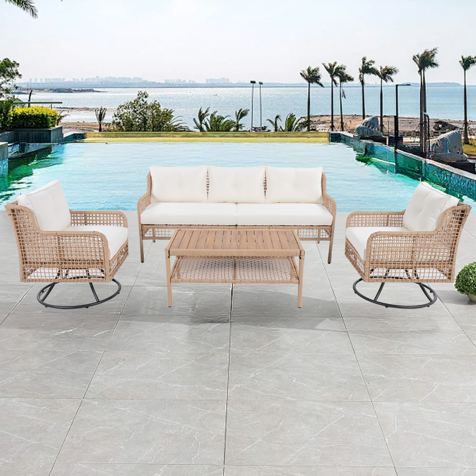 Dakota Fields 4 Pieces Sectional Rattan Outdoor Conversation Set With ...