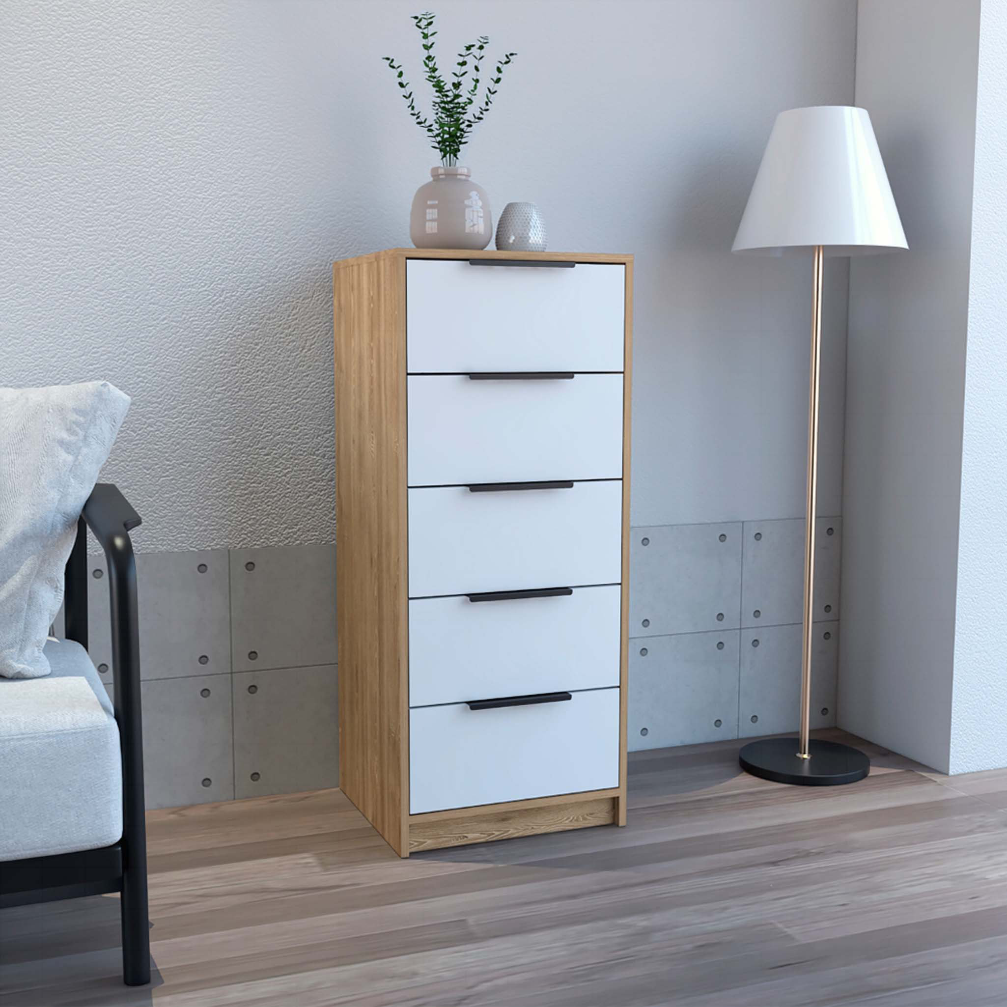 George Oliver Stylish Vertical 5-Drawer Dresser in White and Light Oak ...