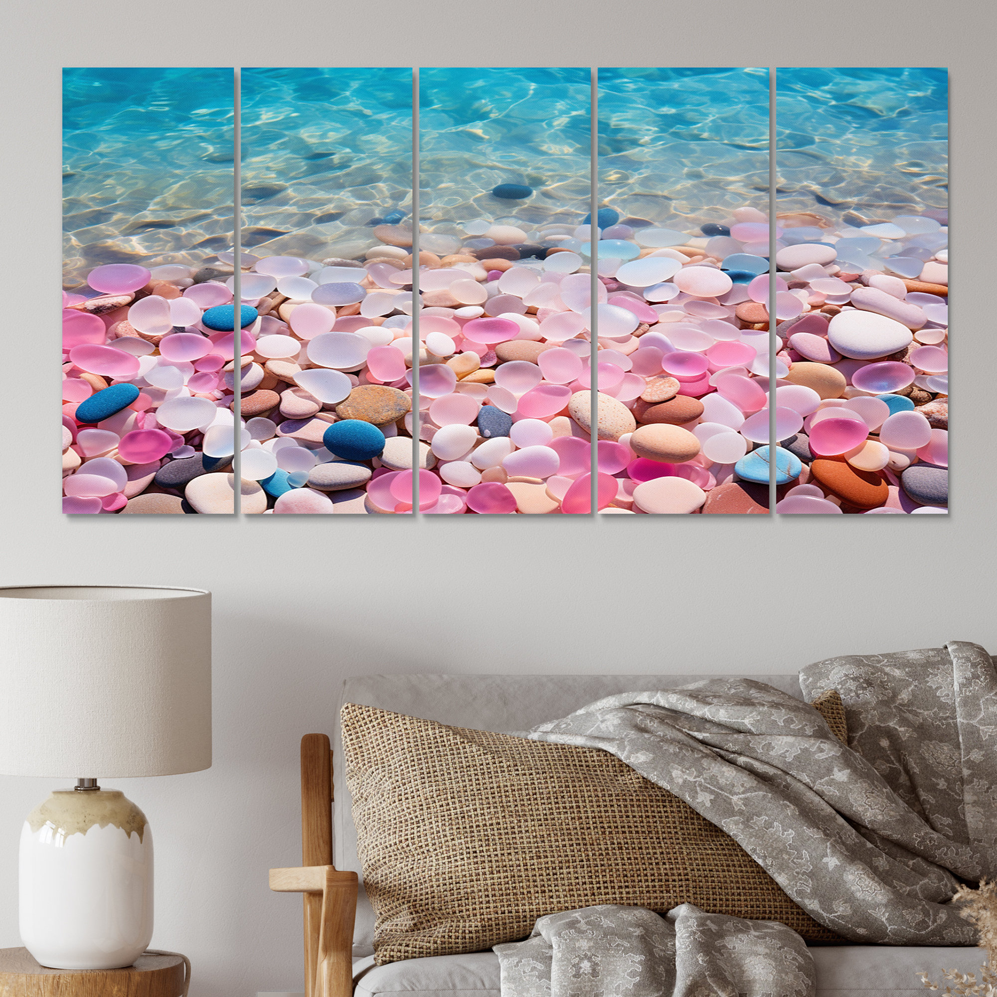 DesignArt " Pink Pebbels On Blue Azure Beach " 5 - Pieces | Wayfair