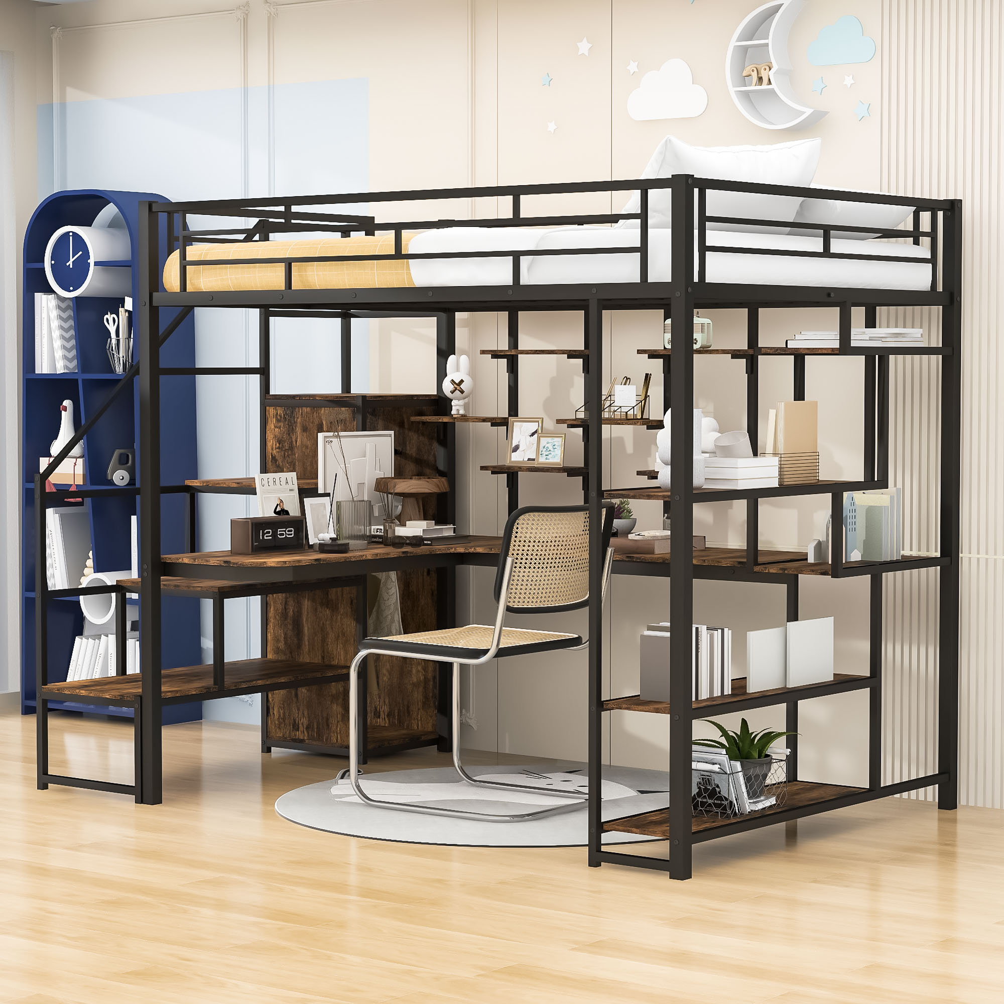Mason & Marbles Caihe Full Size Metal Loft Bed With Storage Staircase, Wardrobe, Desk And 3 ...