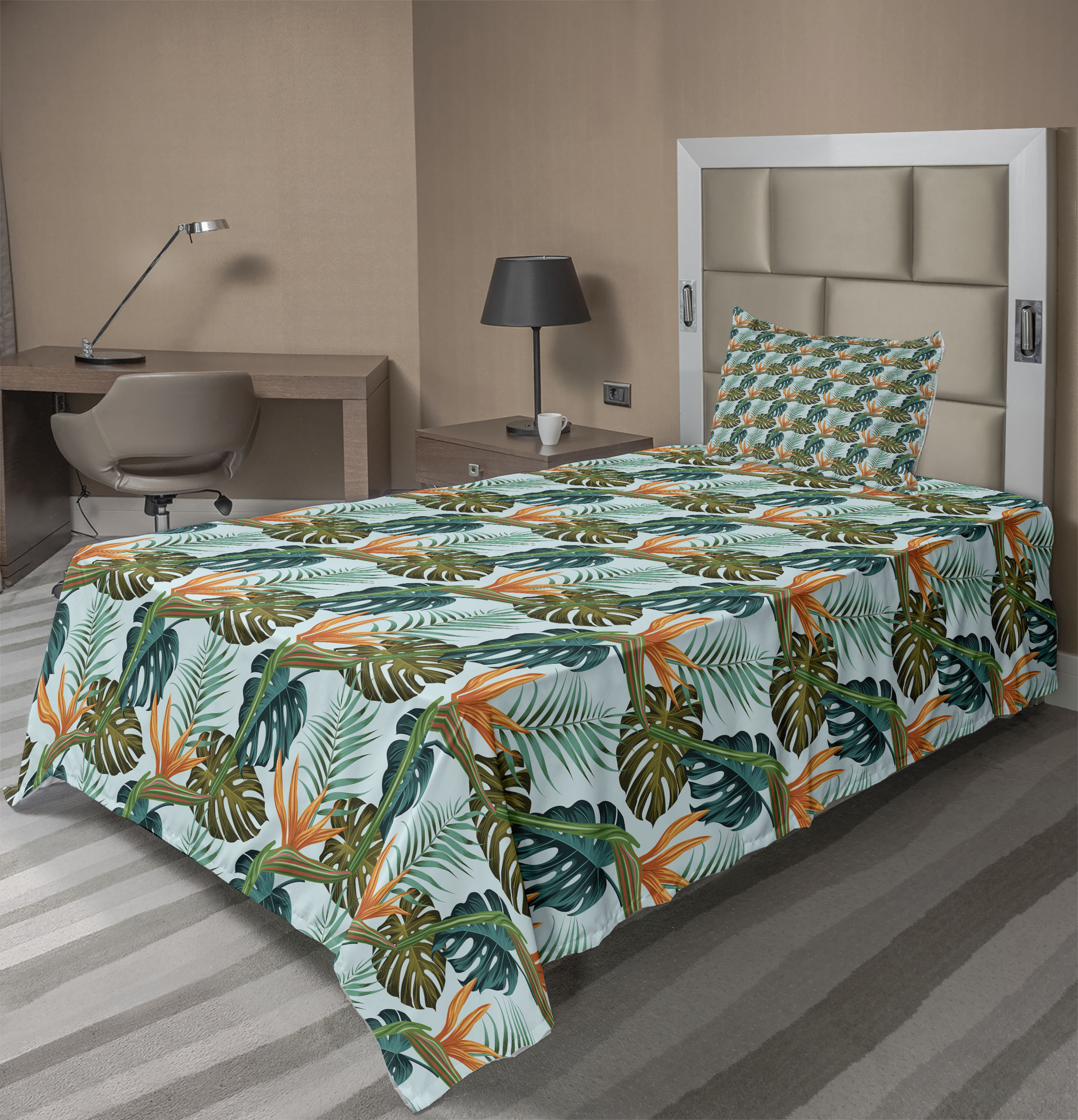 Ambesonne Tropical Sheet Set Palm Monsteras Strelitzia Marigold and Sea ...