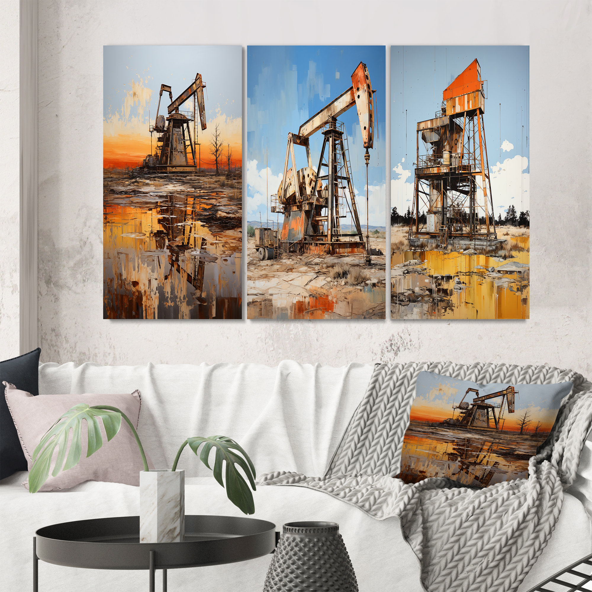 17 Stories " Gold Oil Rigs Fields In Texas " 3 - Pieces on Canvas | Wayfair