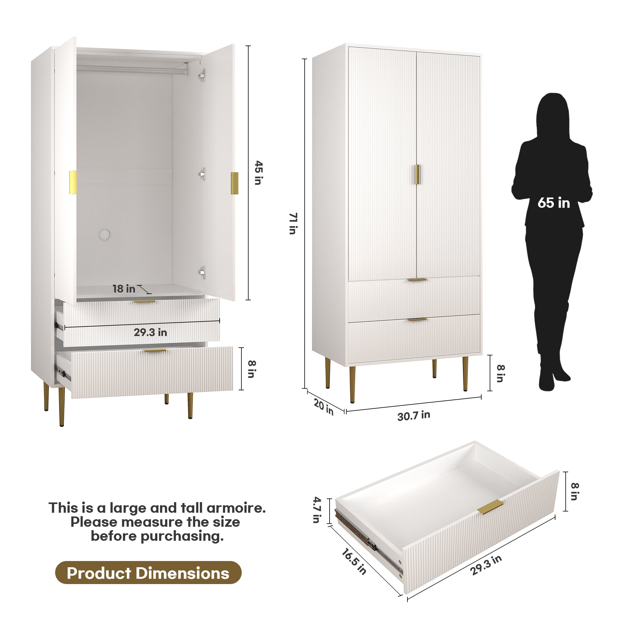 BOMETAO Wood Armoire Wardrobe Closet with 2 Drawers, 70" H x 20" D ...