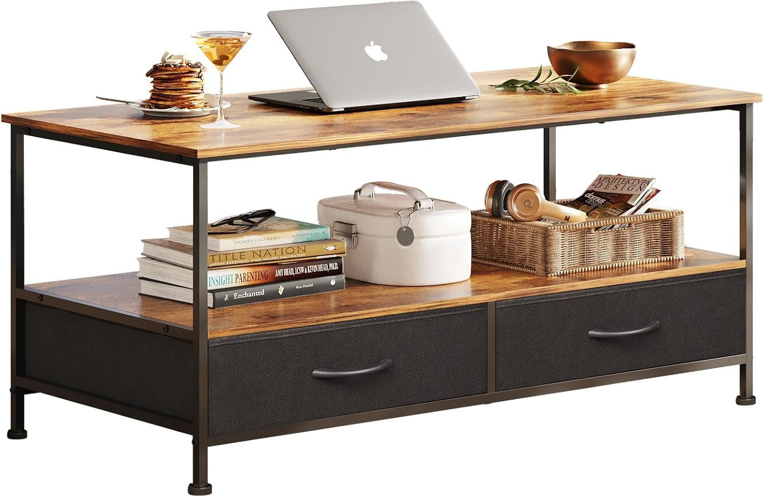 17 Stories 39" Coffee Table With 2-Tier Storage Shelf And 2 Fabric ...