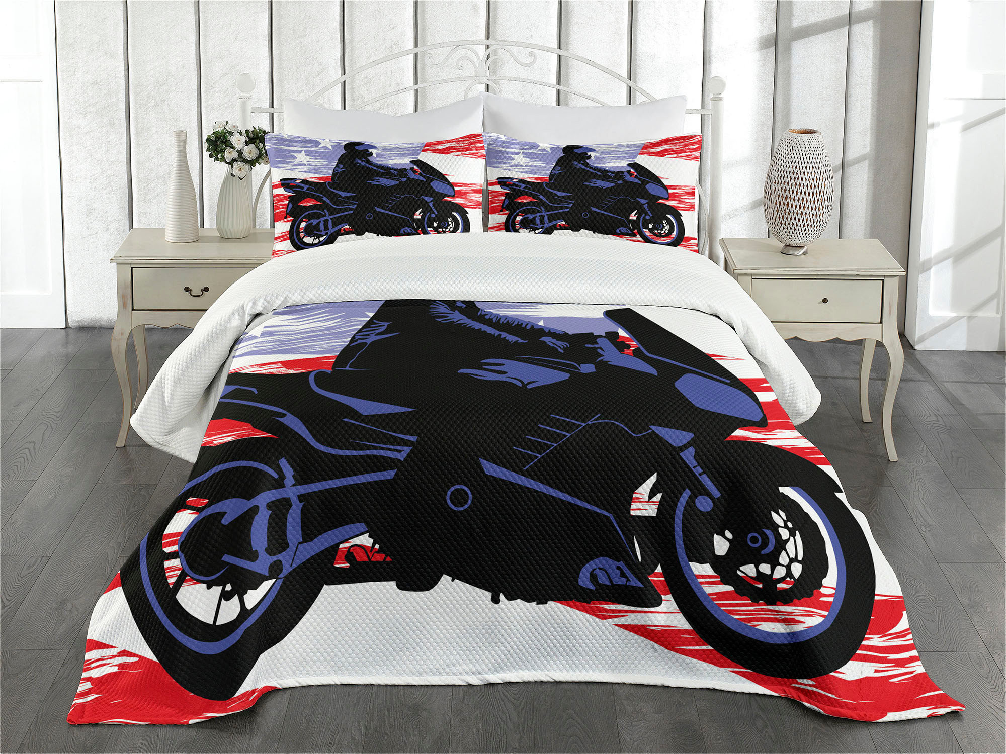 Ambesonne Motorcycle Bedspread Set Riding Man on USA Back Multicolor ...