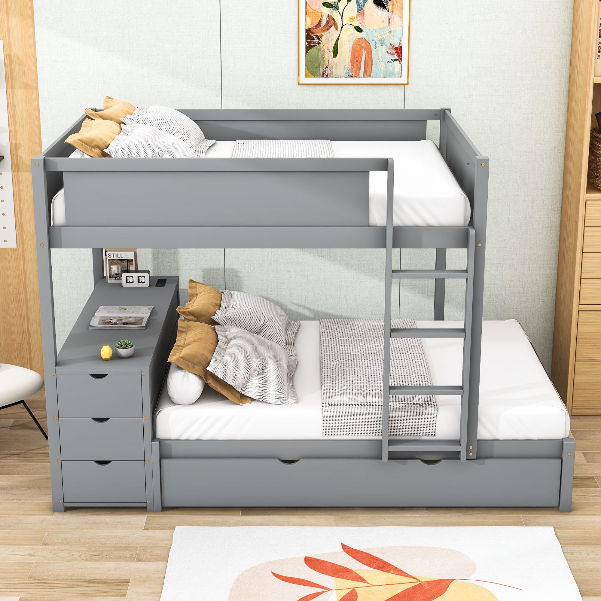 Harriet Bee Kehlanni Three Drawers Wooden Bunk Bed With Trundle And ...