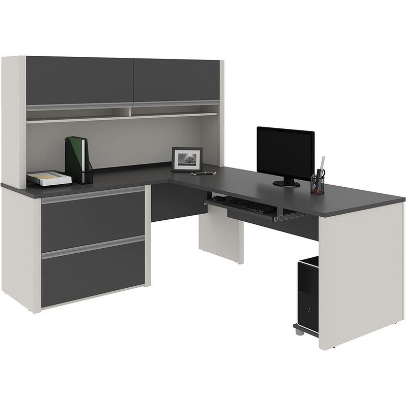 Hokku Designs L-Shaped Desk with Hutch and Lateral File Cabinet, Ladder ...