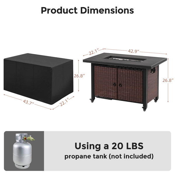 Latitude Run® 43" Aluminum Propane Gas Fire Pit Table, 60000 Btu Rattan ...