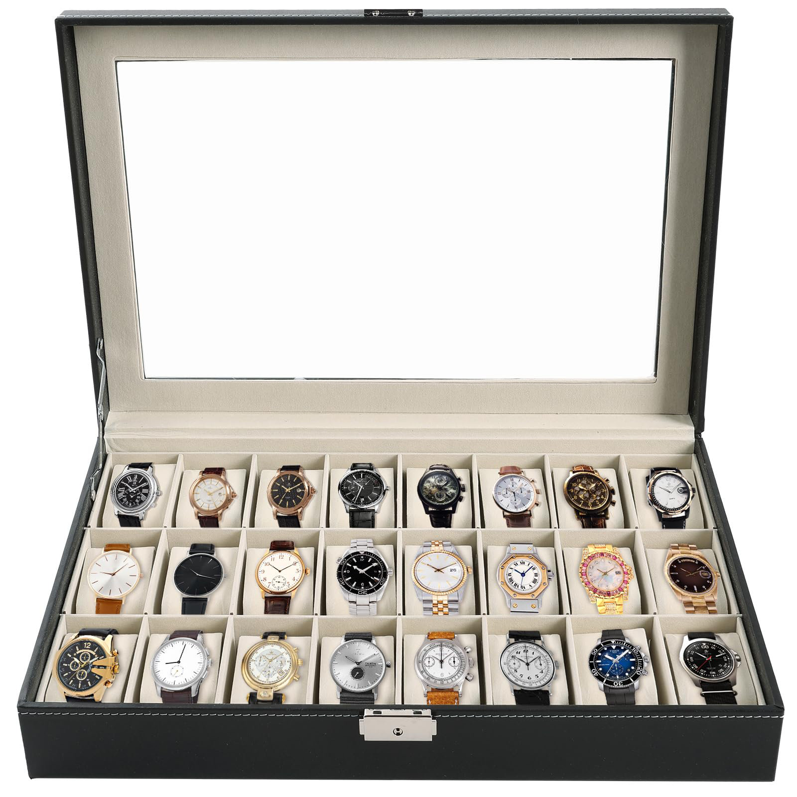 Latitude Run® Watch Box 24 Slot Elegant Portable Black Watch Collection ...