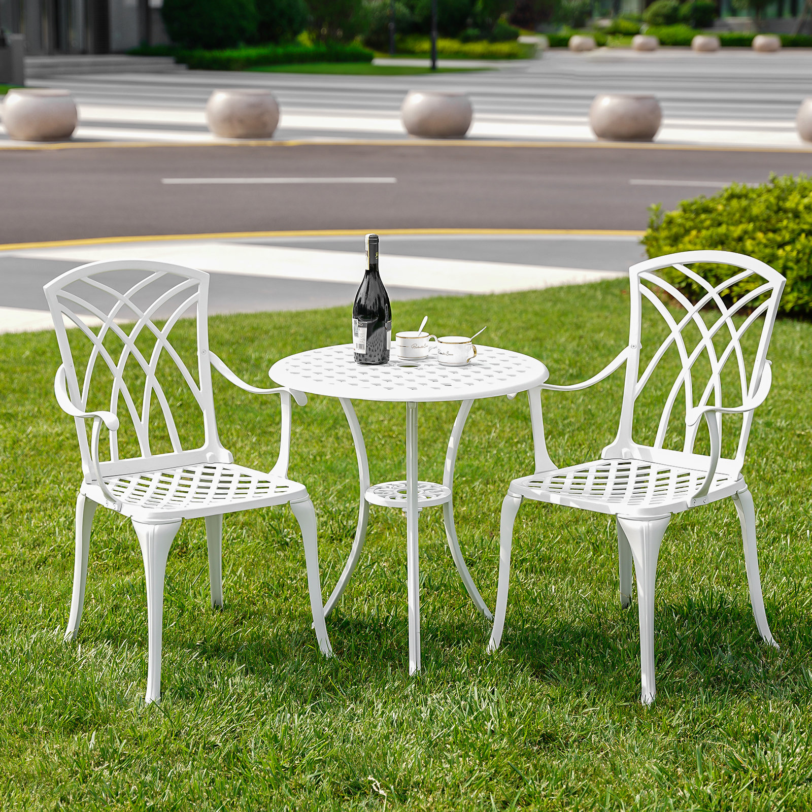 Alcott Hill Cast Aluminum Patio Bistro Sets with Umbrella Hole,White 3 ...