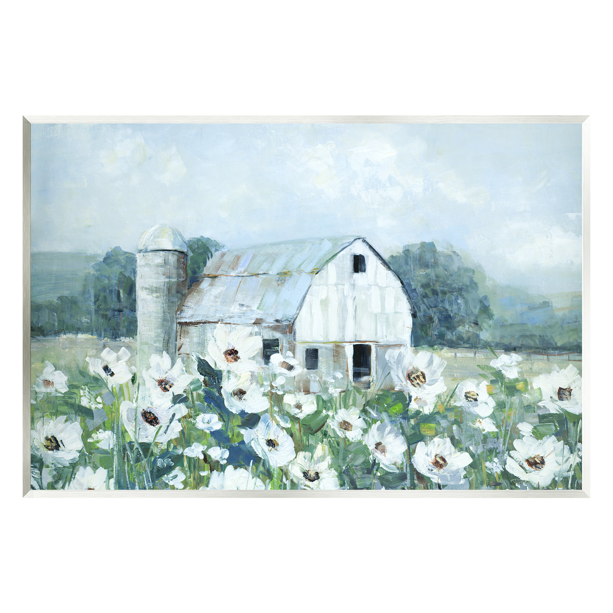 Stupell Industries " Rural Anemone Flower Meadow White Farmland Barn ...