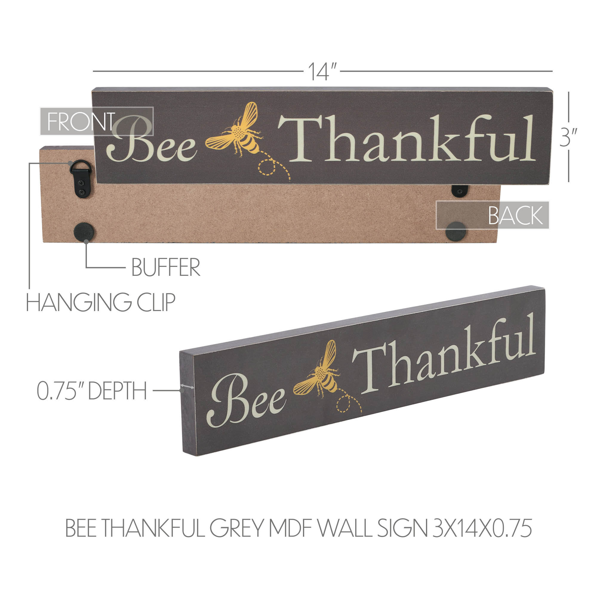 VHC Brands Buzzy Bees Bee Thankful Grey MDF Wall Sign 3x14x0.75 | Wayfair