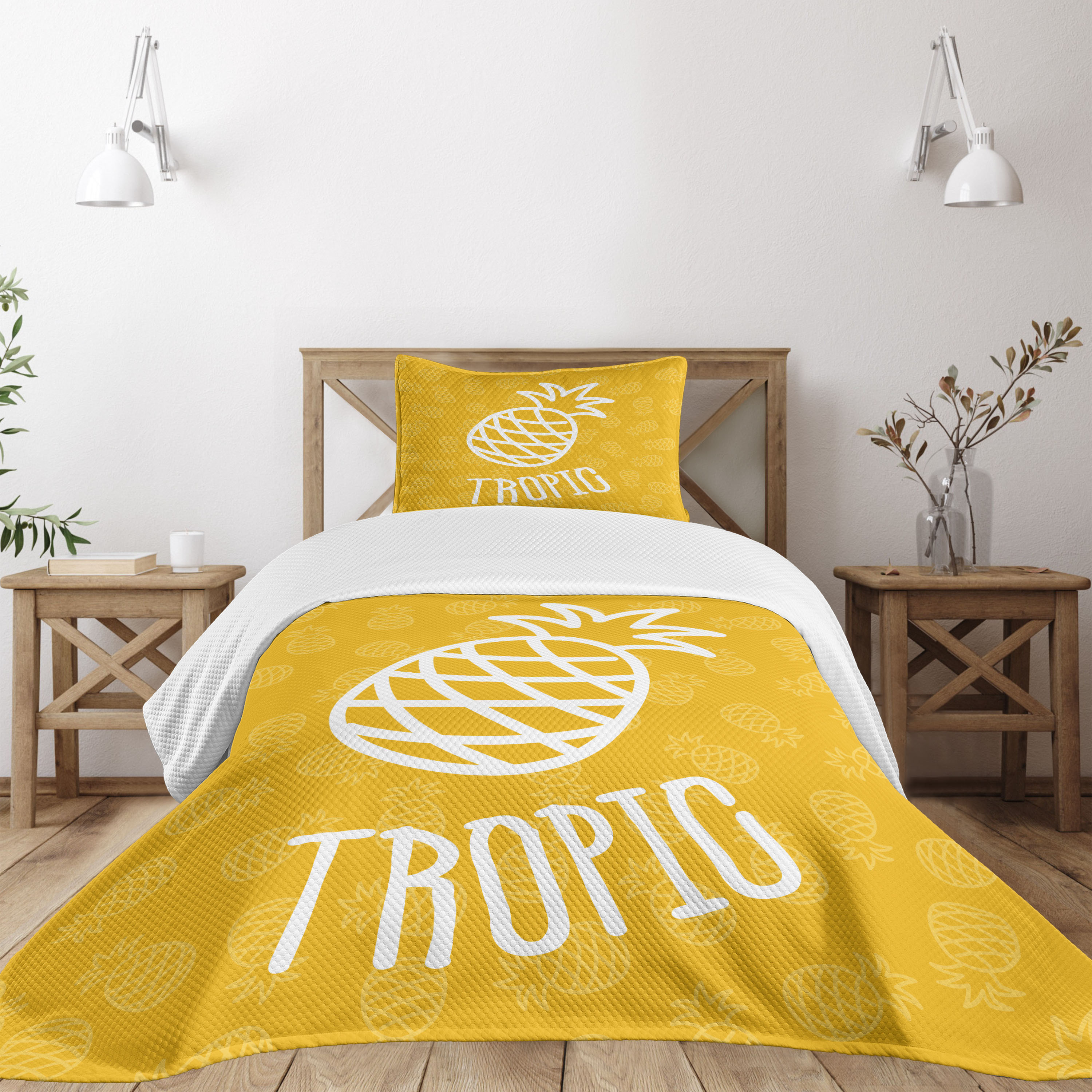 Ambesonne Yellow Bedspread Set Exotic Pineapple Summer Yellow White ...
