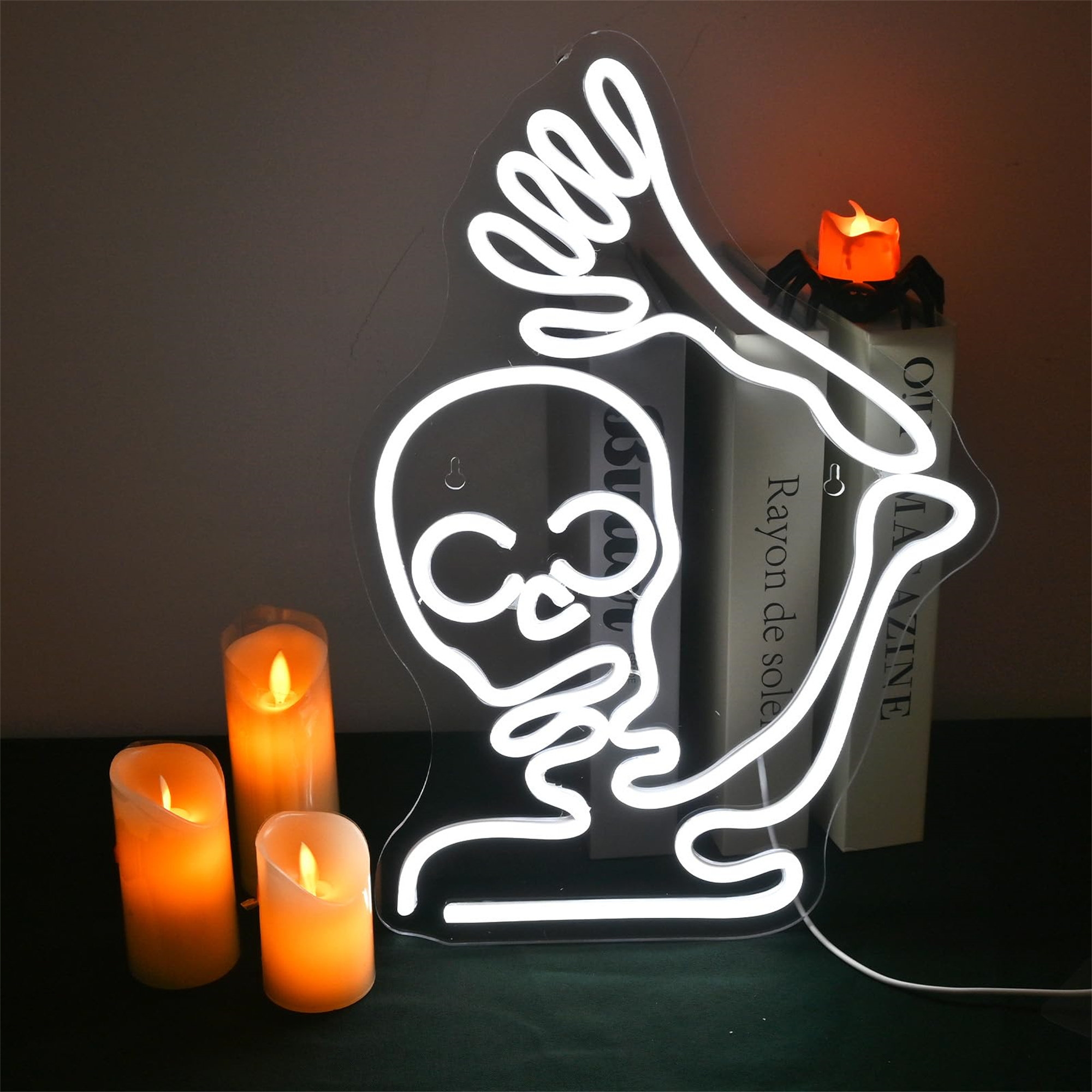 17 Stories Skeleton Skull Neon Sign White Halloween Waving Ghost Led ...