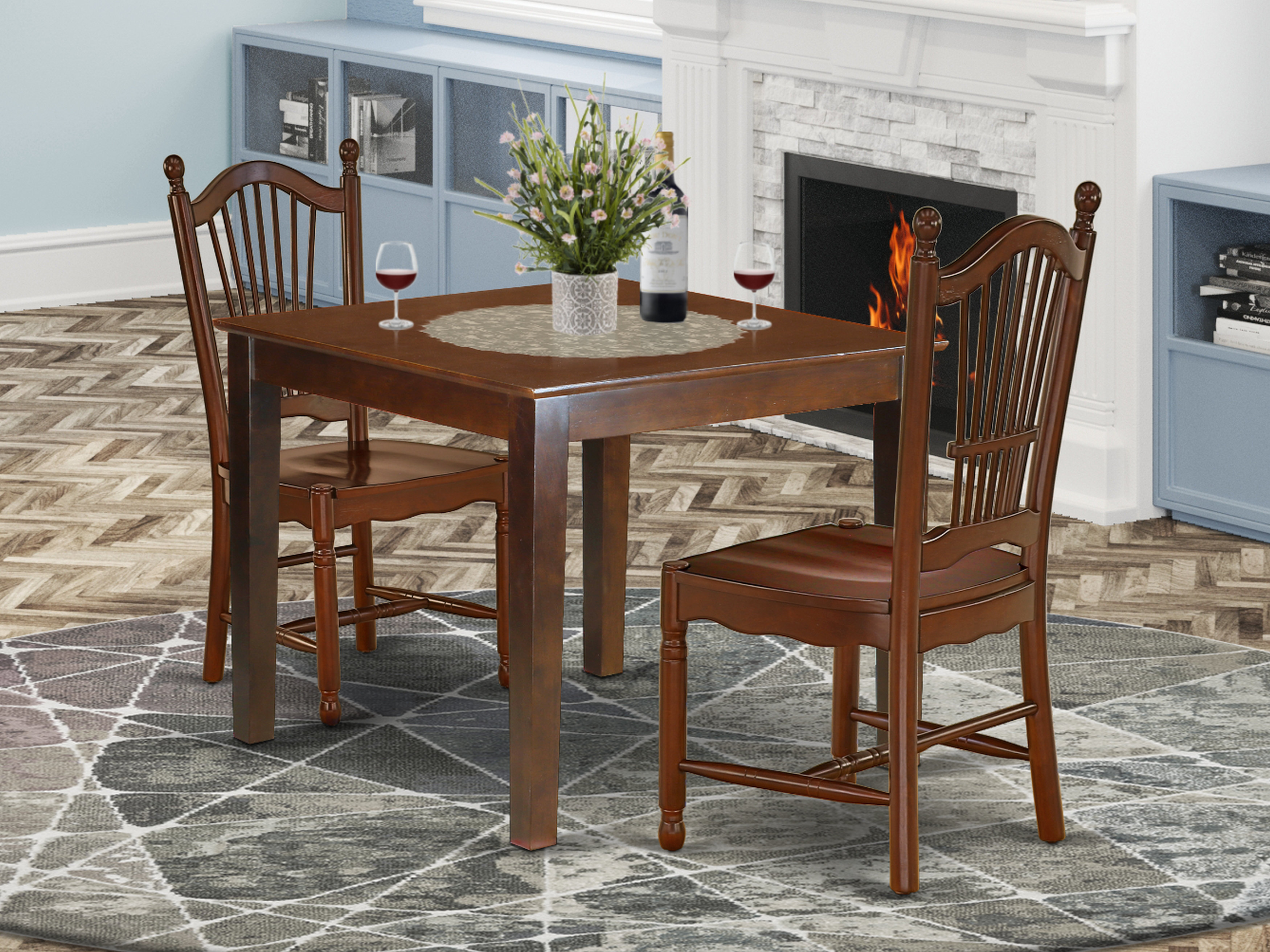 Alcott Hill® 3-Piece Mahogany Finish Square Solid Wood Top Dining Table ...
