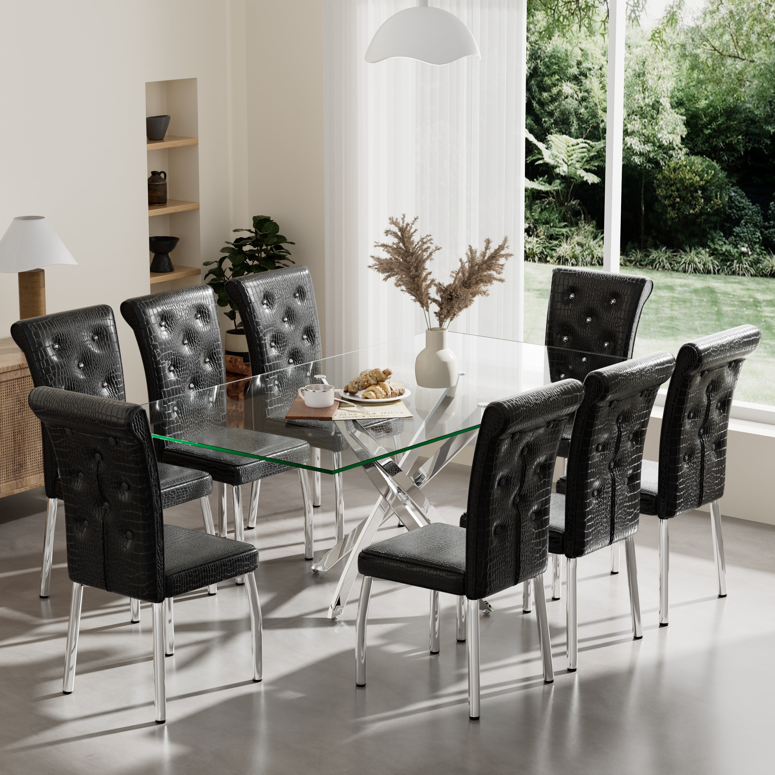 Ivy Bronx Modern Tempered Glass Dining Table Set with Faux Alligator ...