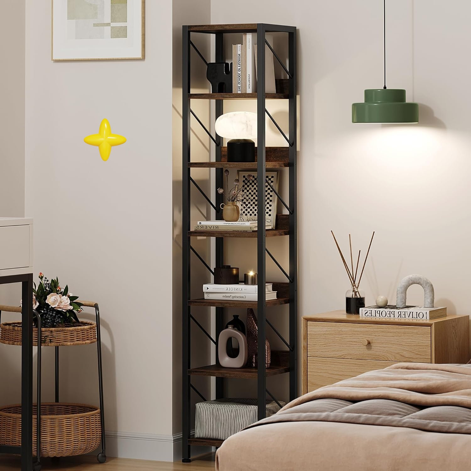 17 Stories 6 Tier Narrow Bookcase Tall Skinny Bookshelf Rustic Corner ...