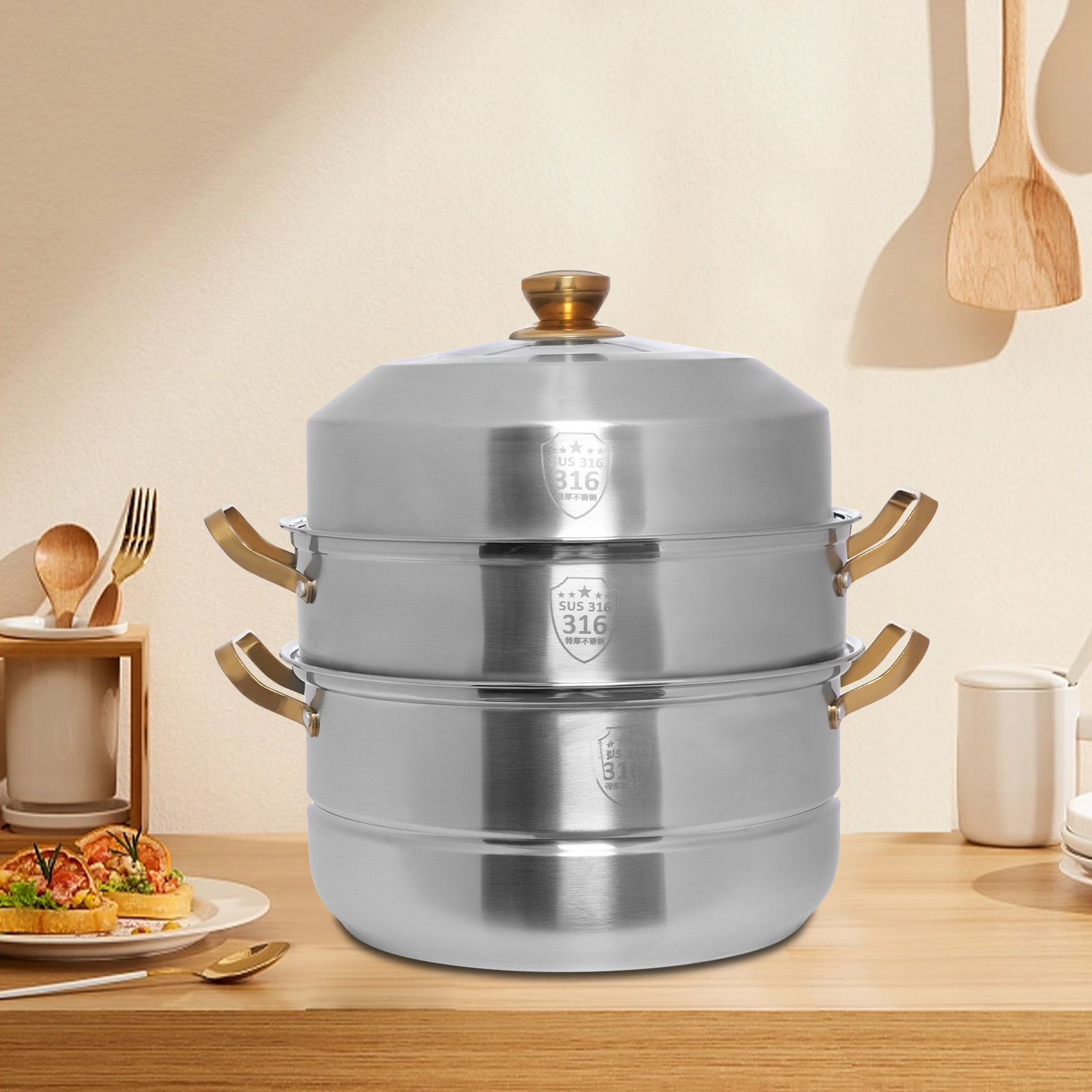 JOYDING 3 Tier Steamer Composite Steel Dumpling Steamer Multi Pot with ...