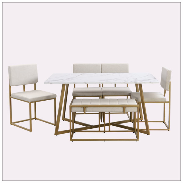 Ivy Bronx Chavah 6 - Piece Faux Marble Top Cross Legs Dining Set | Wayfair
